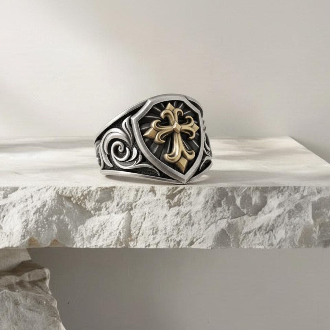 Sterling Silver Crusader Shield Ring, Fleur Cross, Medieval Templar ...
