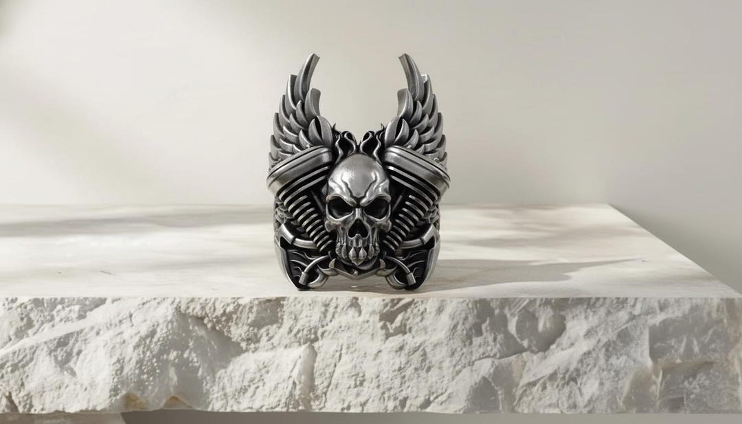 Winged Skull Ring 925 Sterling Silver Oxidized, Motorcycle Engine Biker ...