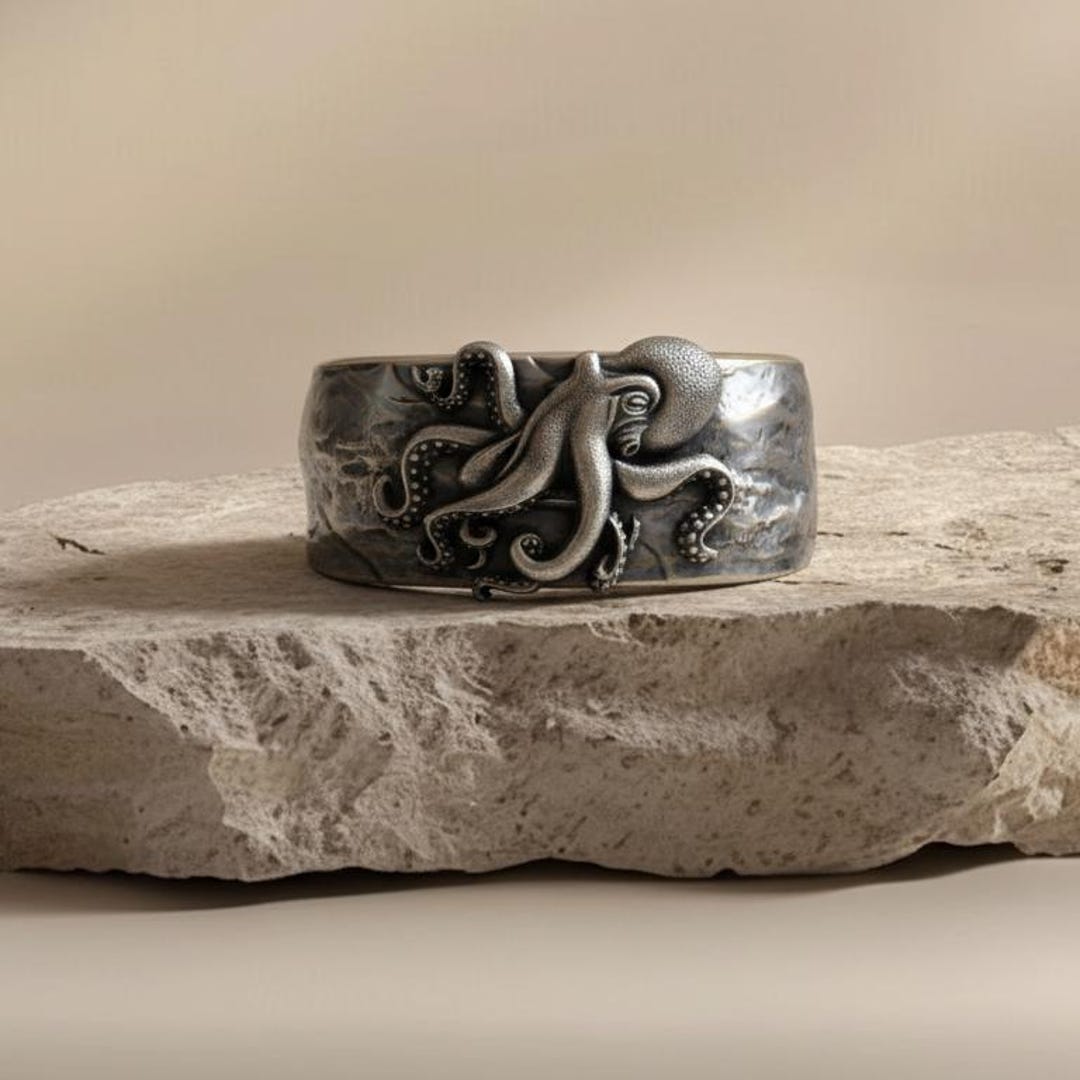 Sterling Silver Octopus Ring, Kraken Tentacle Wide Band, Gothic Ocean ...