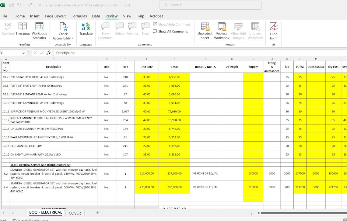 Electrical BOQ Excel With Sample Projects - Etsy