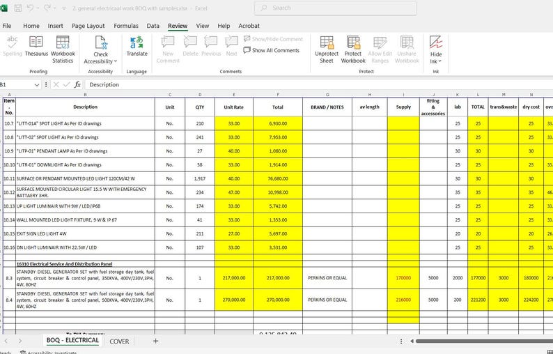 Electrical BOQ Excel With Sample Projects - Etsy