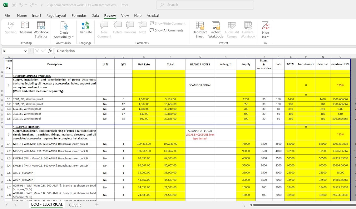 Electrical BOQ Excel Template + Sample Projects | Quantity Takeoff ...