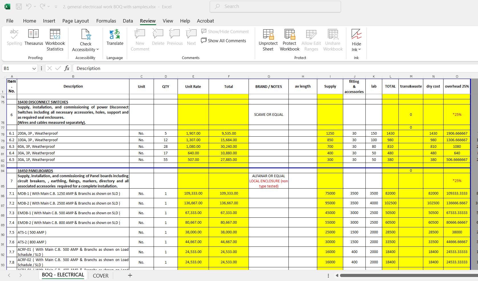 Electrical BOQ Excel Template + Sample Projects | Quantity Takeoff ...