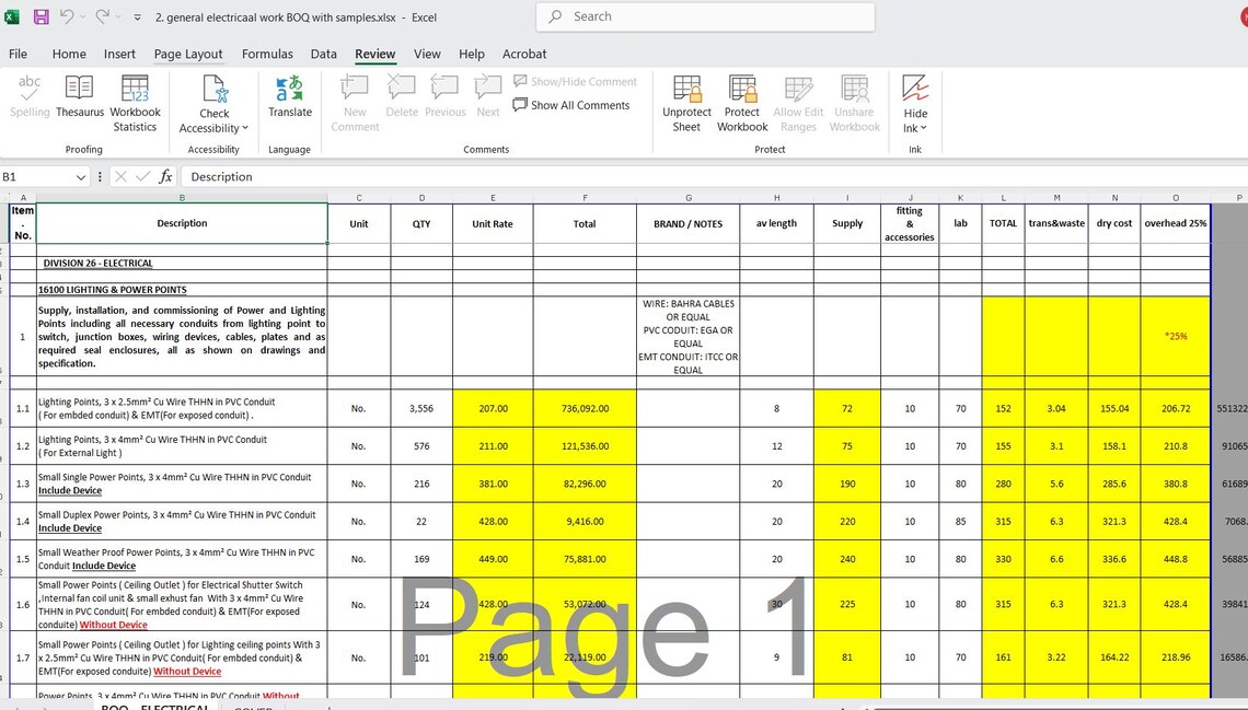 Electrical BOQ Excel Template + Sample Projects | Quantity Takeoff ...