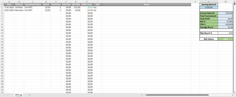 MTT Poker Bankroll Tracker – Excel Tournament Management Spreadsheet ...