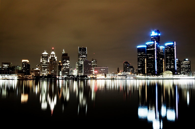 Detroit Photography - Detroit Night Reflection Color Skyline - Etsy