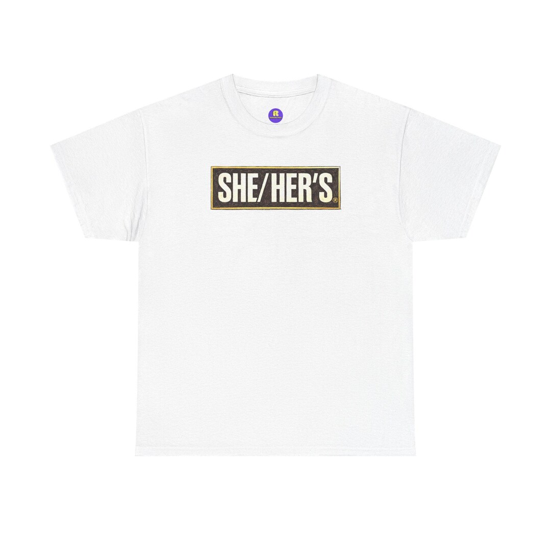 SKETCHED "she/her's" Pronoun Logo Box Tee | White Graphic T-shirt ...