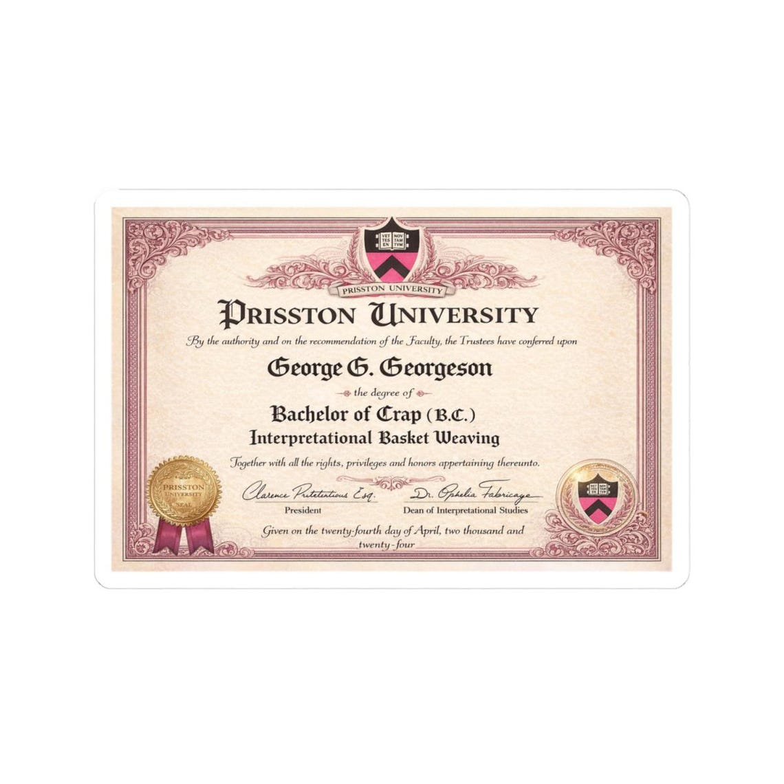 Parody "princeton" Diploma Sticker | Prisstion University Certificate ...