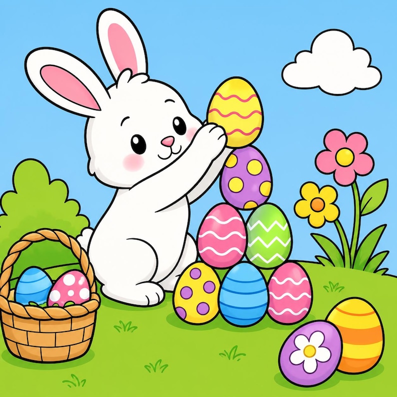 Easter Coloring Book, Bunnies, Chicks, Eggs, Spring Flowers (digital ...