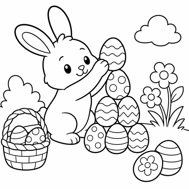 Easter Coloring Book, Bunnies, Chicks, Eggs, Spring Flowers (digital ...