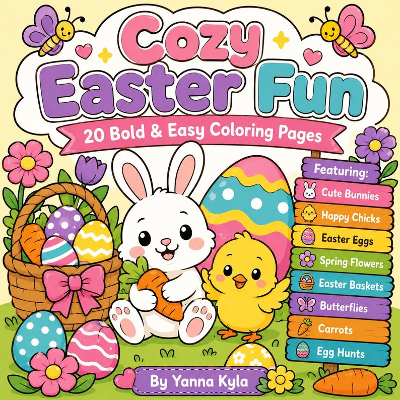 Easter Coloring Book, Bunnies, Chicks, Eggs, Spring Flowers (digital ...