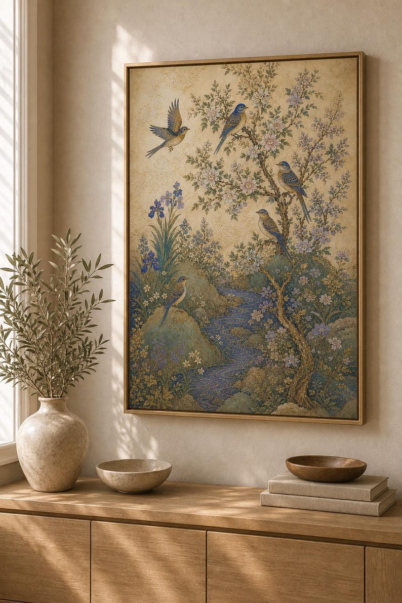 Persian Rocky Bird Garden Print, Teal Rose Wall Art - Etsy