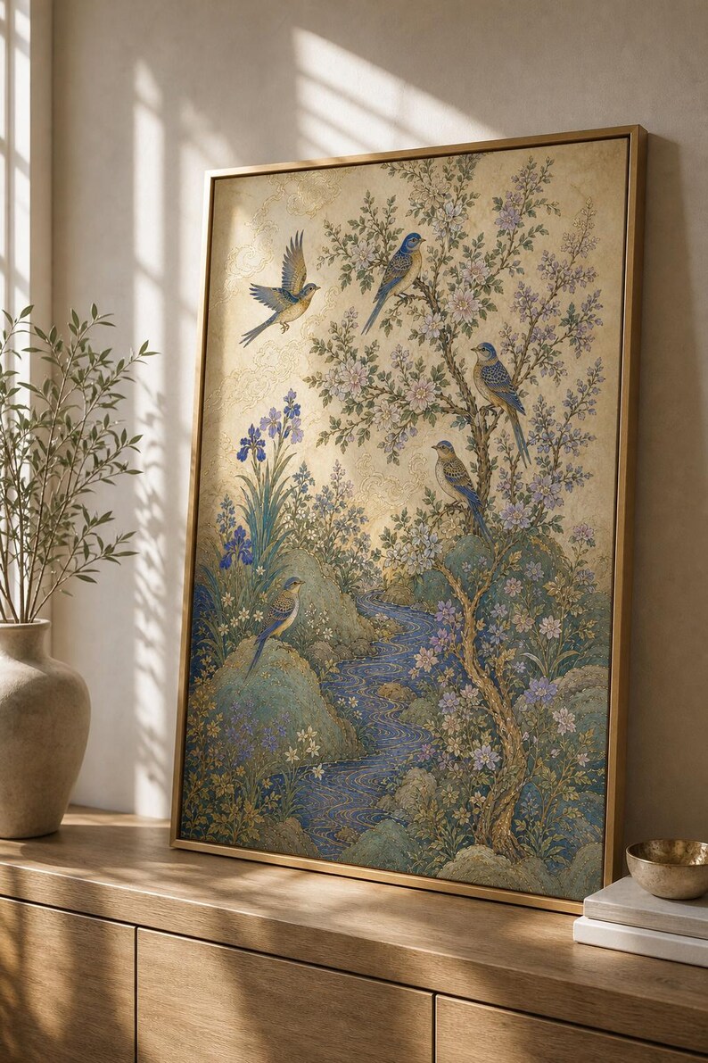 Persian Rocky Bird Garden Print, Teal Rose Wall Art - Etsy