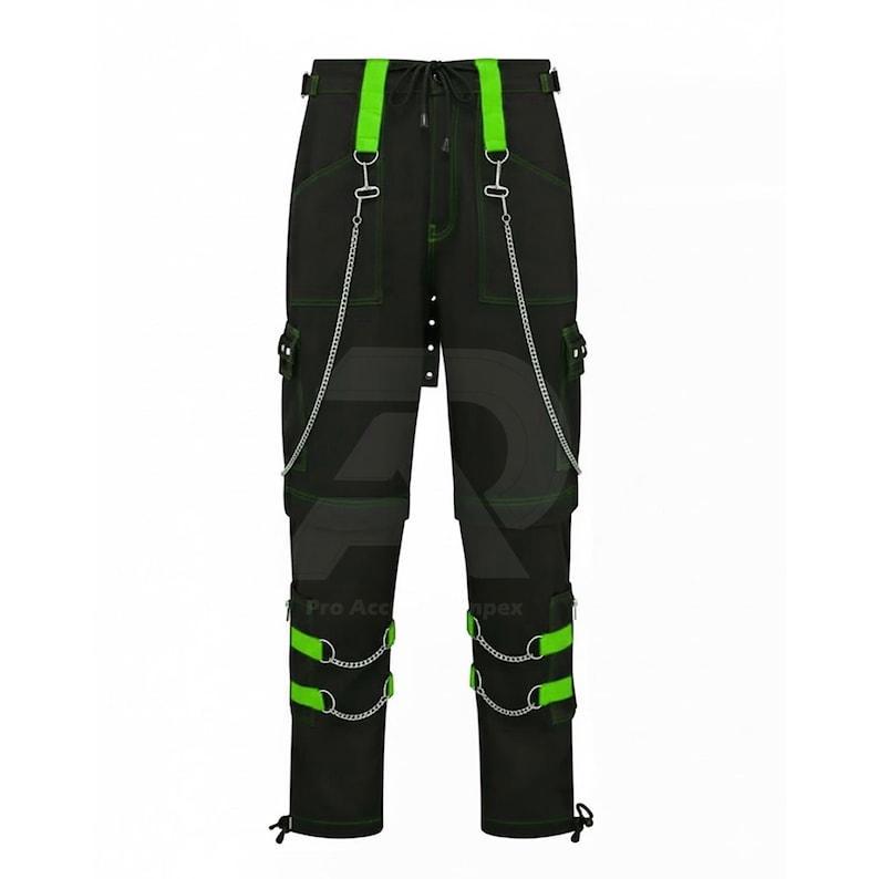 Black & Neon Green Techwear Cargo Pants With Chains | Gothic Streetwear ...