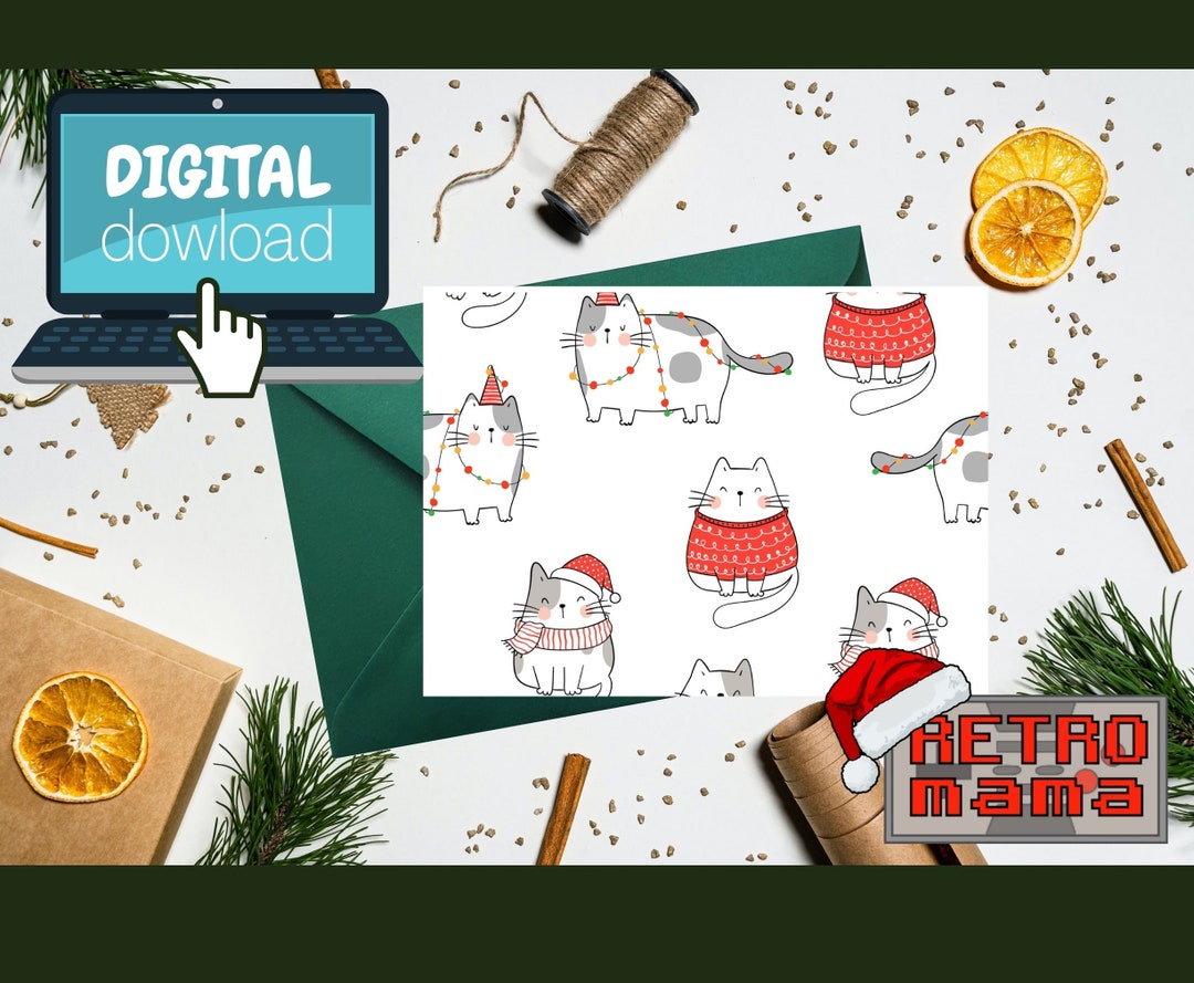 Printable Cat Christmas Card Instant Download 7x5 in Cards for ...