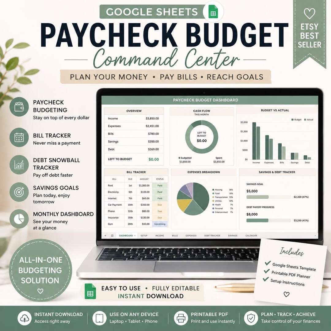 Paycheck Budget Google Sheets Template Bill Tracker Printable Planner ...