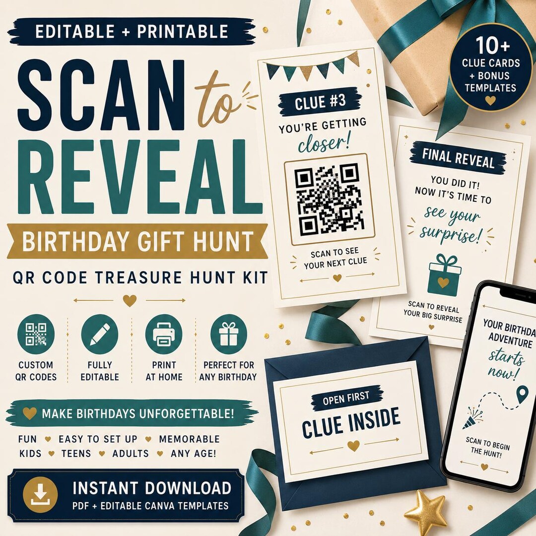 Printable QR Code Treasure Hunt Gift Reveal Kit for Birthday Surprise ...