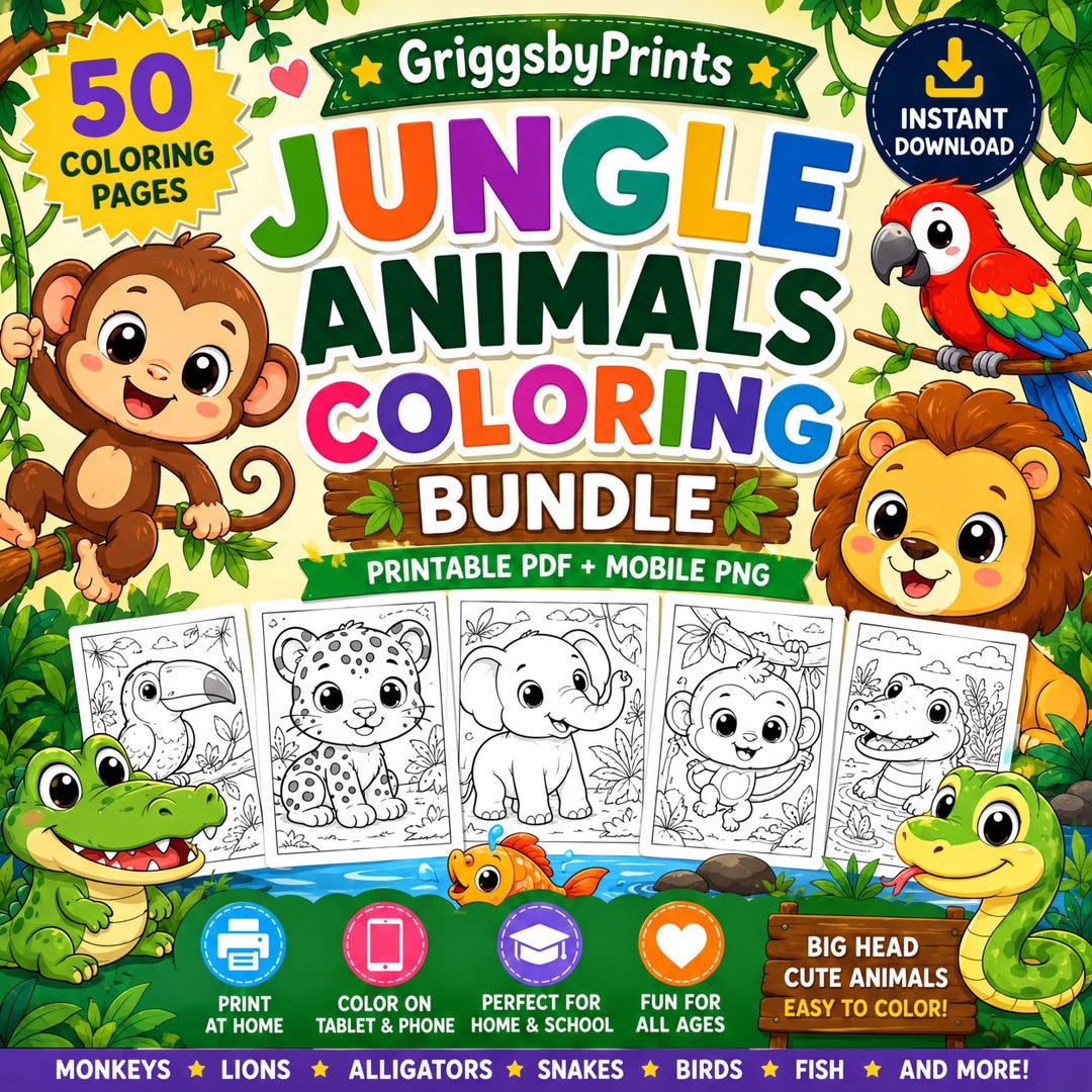 Jungle Animals Coloring Pages Printable Bundle, 50 Kids Coloring Sheets ...