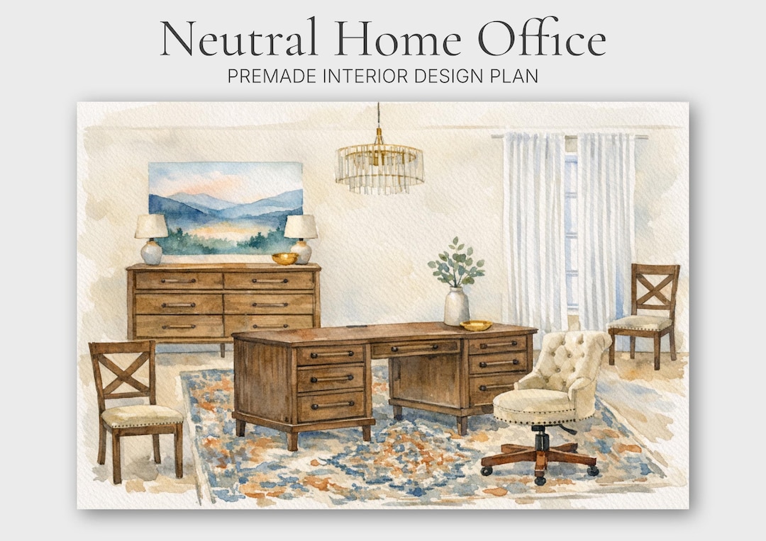 Neutral Home Office Design Plan | Digital Interior Design Guide (PDF ...