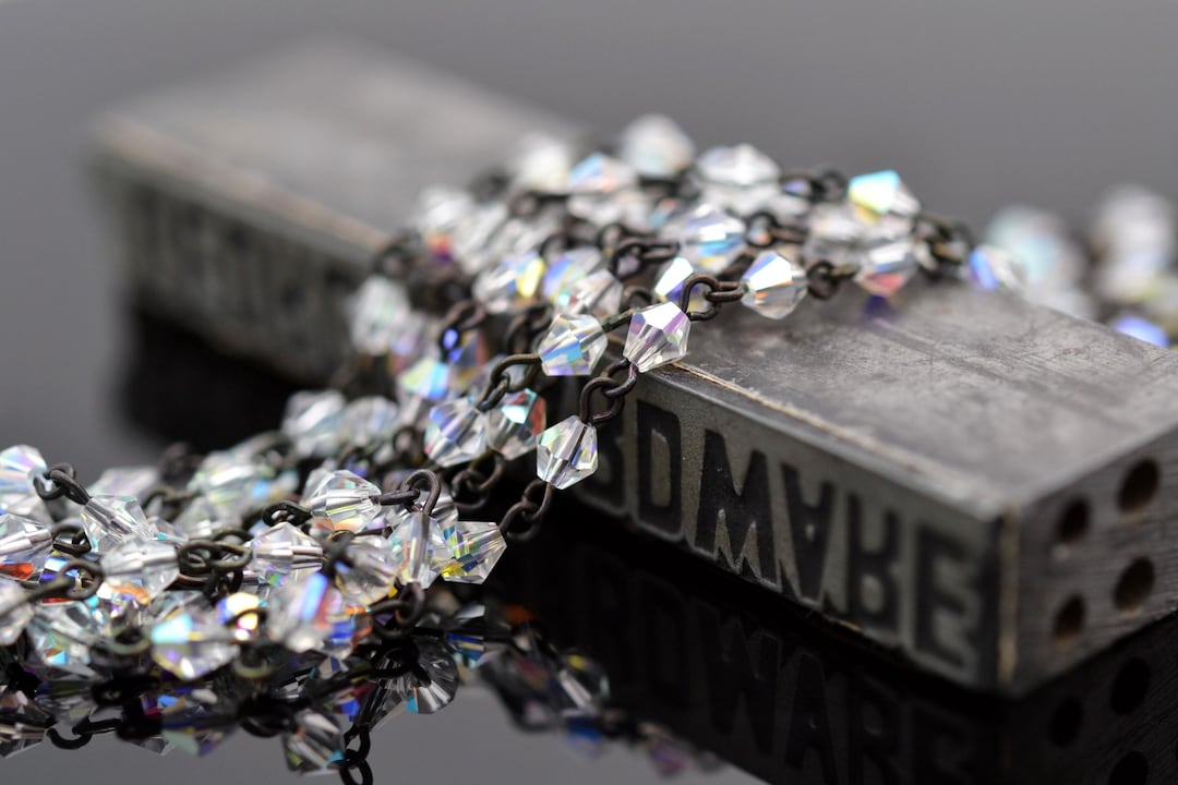 4mm Linked Bead Chain - Czech Crystal AB Bicone Beads on Black Brass ...
