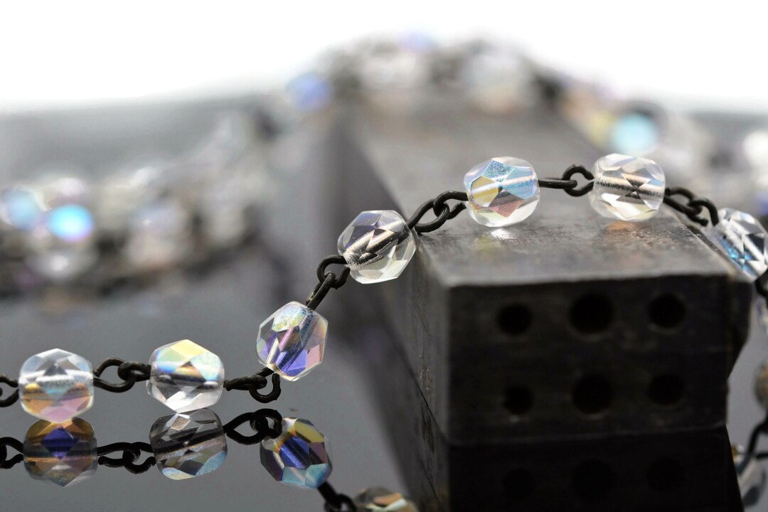 6mm Rosary Style Chain, Czech 6mm Crystal AB on Black Brass Links, Pkg ...