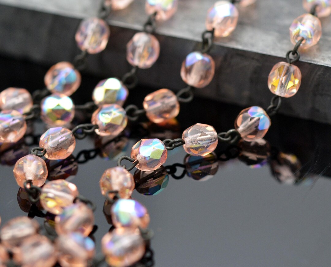 6mm Rosary Style Chain, Czech 6mm Rosaline AB Beads on Black Brass ...
