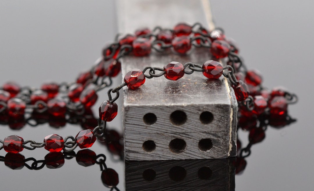 4mm Linked Bead Chain - Czech Garnet Beads on Black Brass Links - by ...