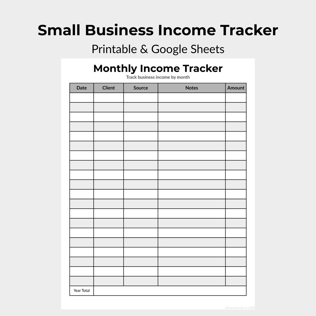 Small Business Income Tracker Printable & Google Sheets, Monthly and ...
