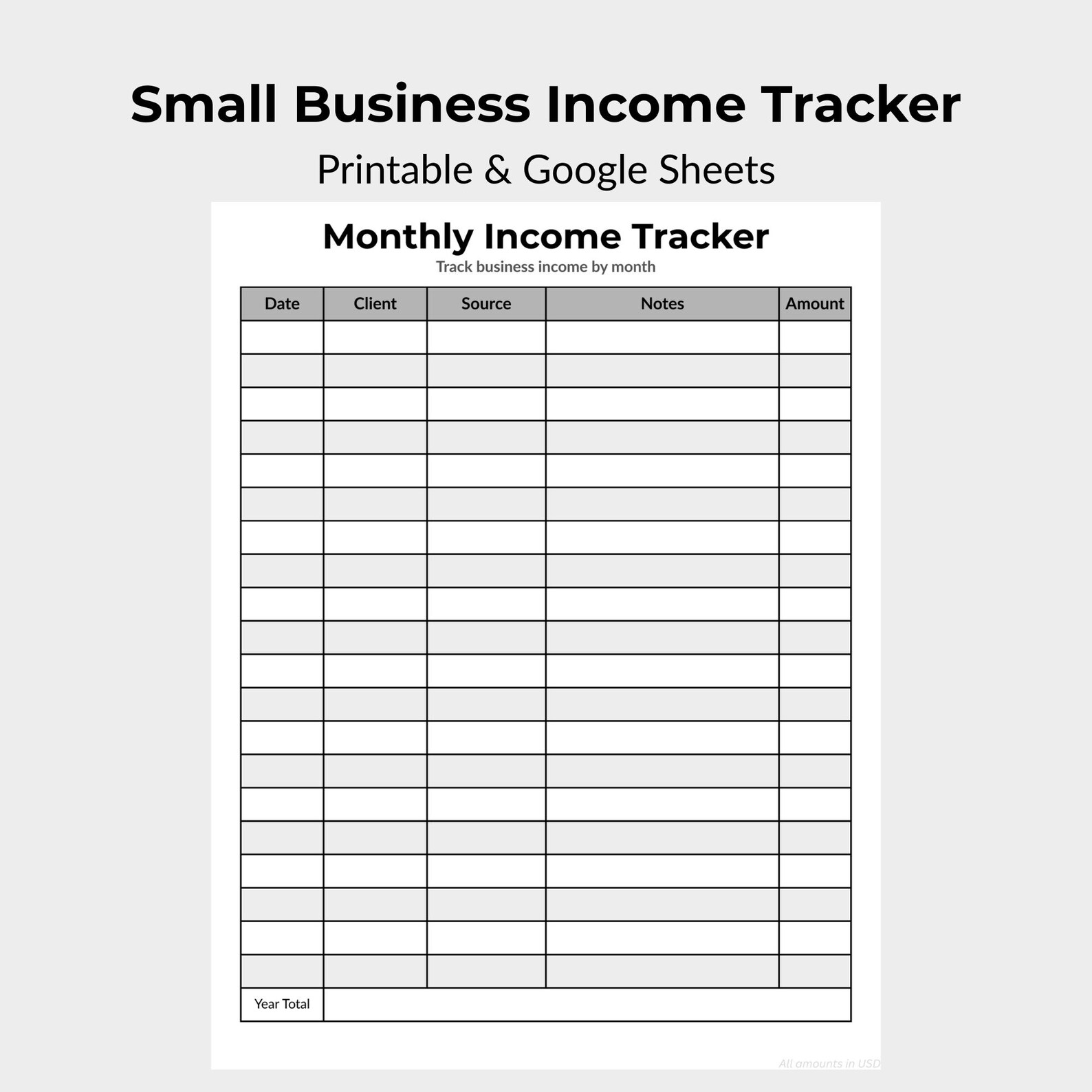 Small Business Income Tracker Printable & Google Sheets, Monthly and ...