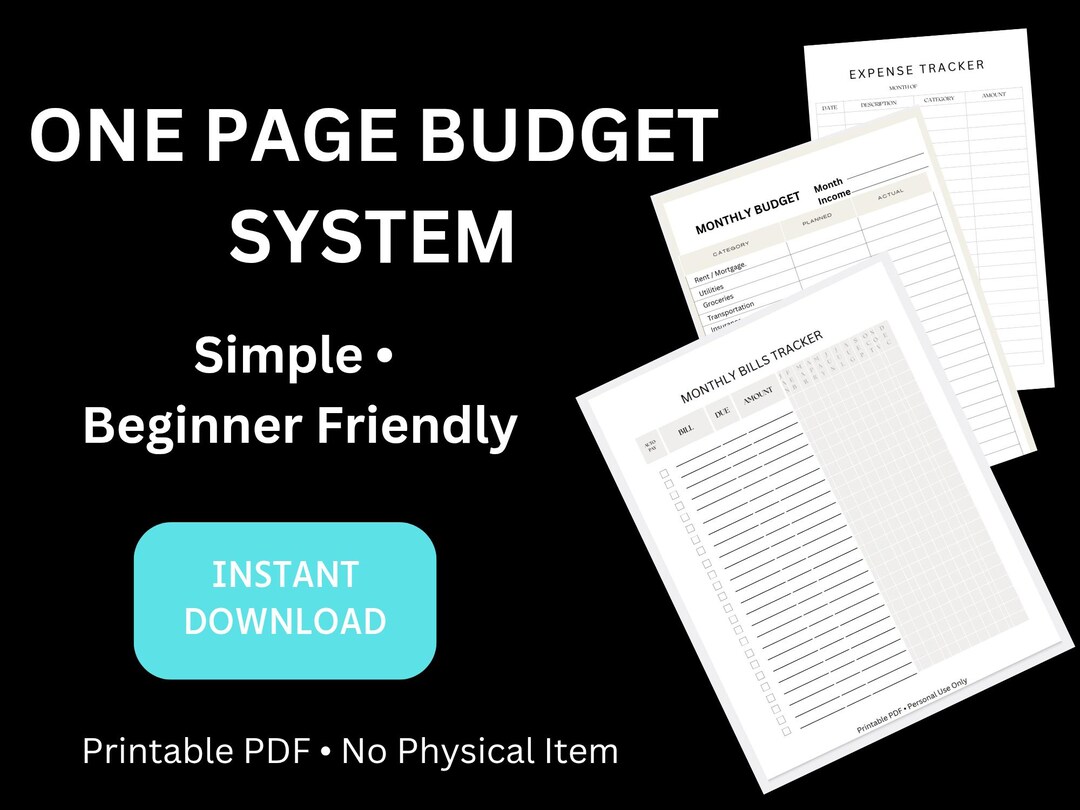 One Page Budget Printable, Monthly Budget & Expense Tracker, Simple ...