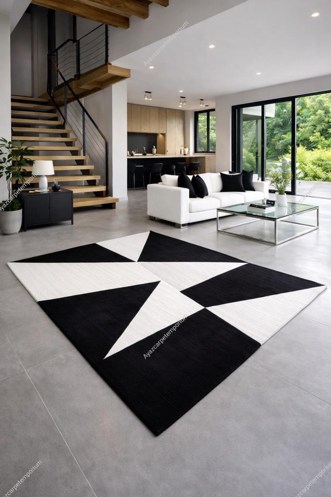 Black White Geometric Hand Tufted Rug, Modern Abstract Wool Area Rug ...