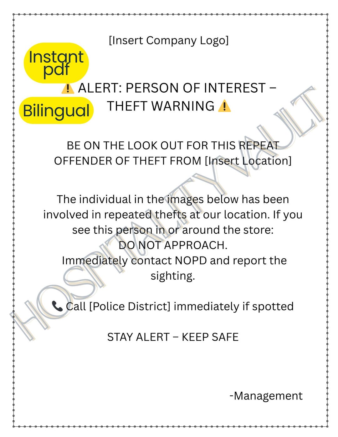 Theft Alert Person of Interest Sign | Bilingual English Spanish ...