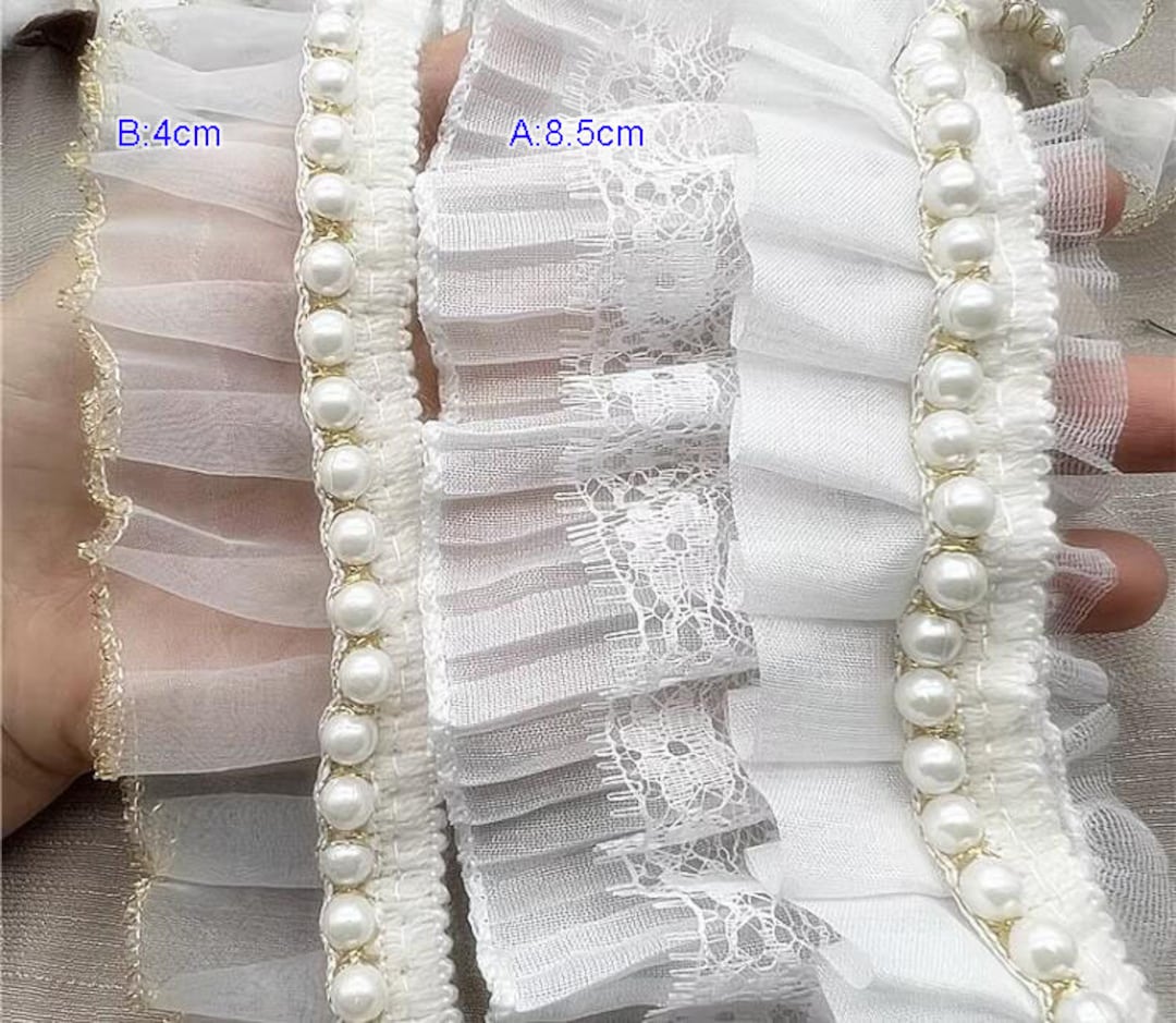 5 Yards 4-8.5cm Wide White Beads Chiffon Ruffled Pleated Wrinkle Diy ...