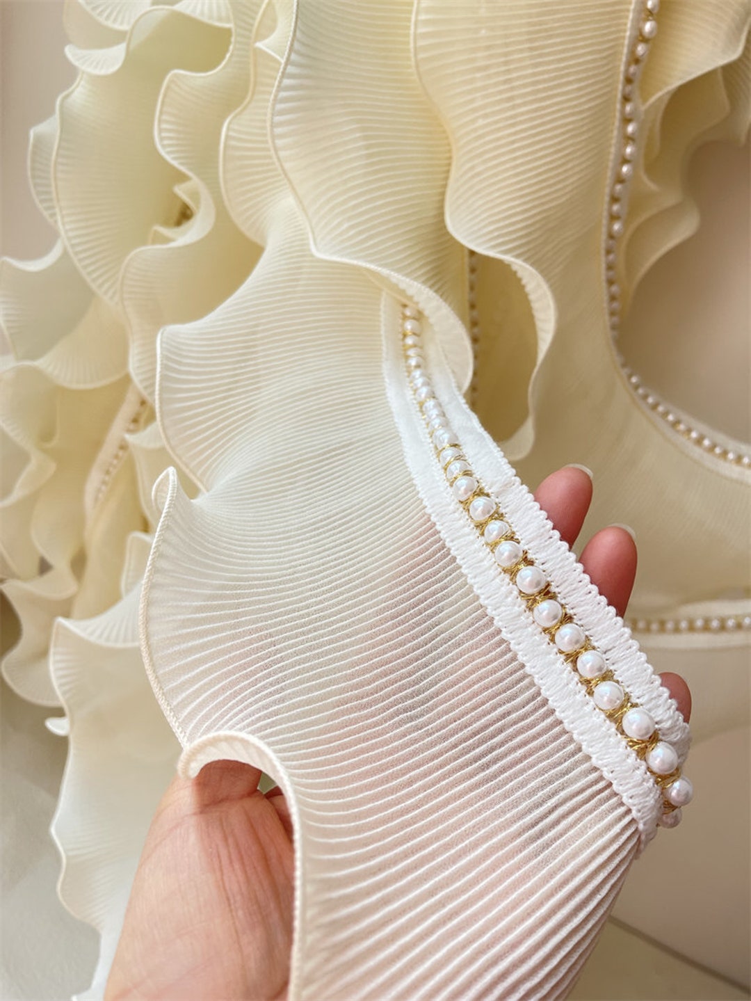 5meter 11cm 4.33 Inches Wide Apricot Beads Chiffon Crushed Wrinkle ...