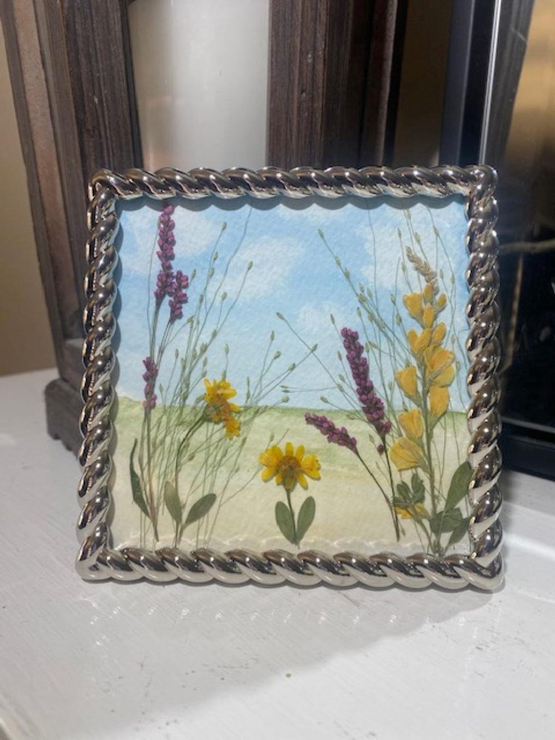 Watercolor Landscape Adorned With Real Pressed Flowers in Silver Rope ...