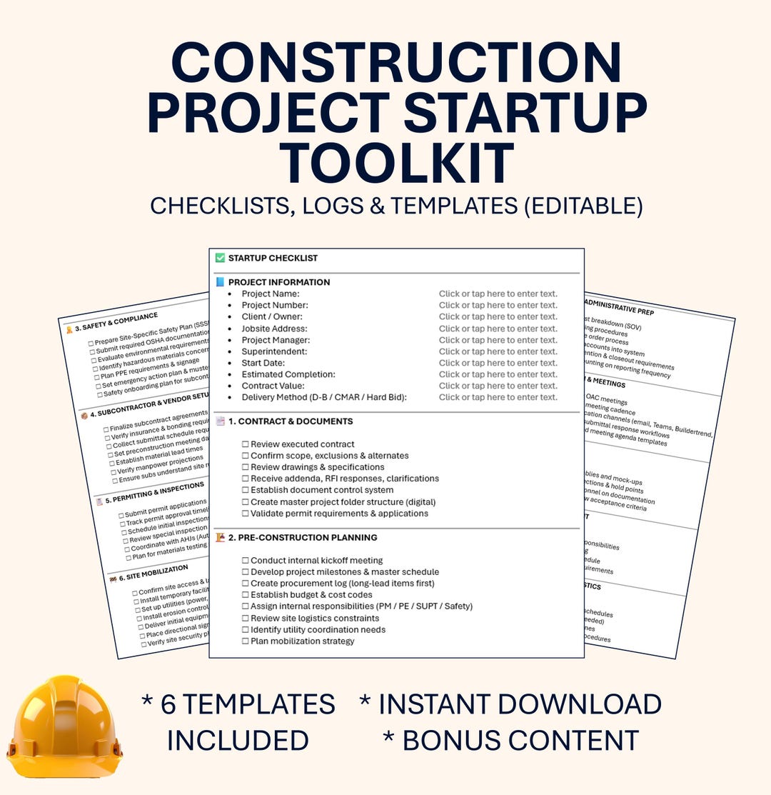 Construction Project Startup Toolkit — Checklists, Logs & Templates ...