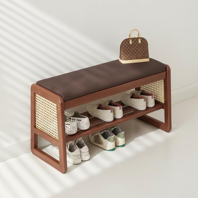 Solid Wood Woven Shoe Stool Entryway Storage Seat for Home - Etsy