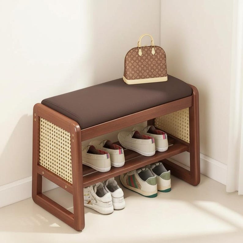 Solid Wood Woven Shoe Stool Entryway Storage Seat for Home - Etsy