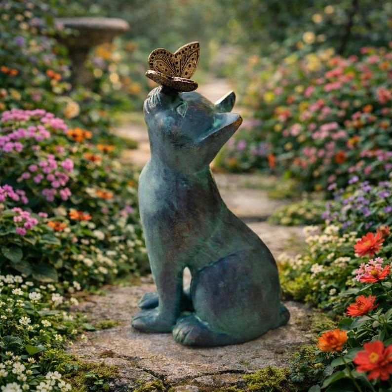 Cat & Butterfly Garden Statue, Resin Outdoor Cat Decor, Cute Garden ...