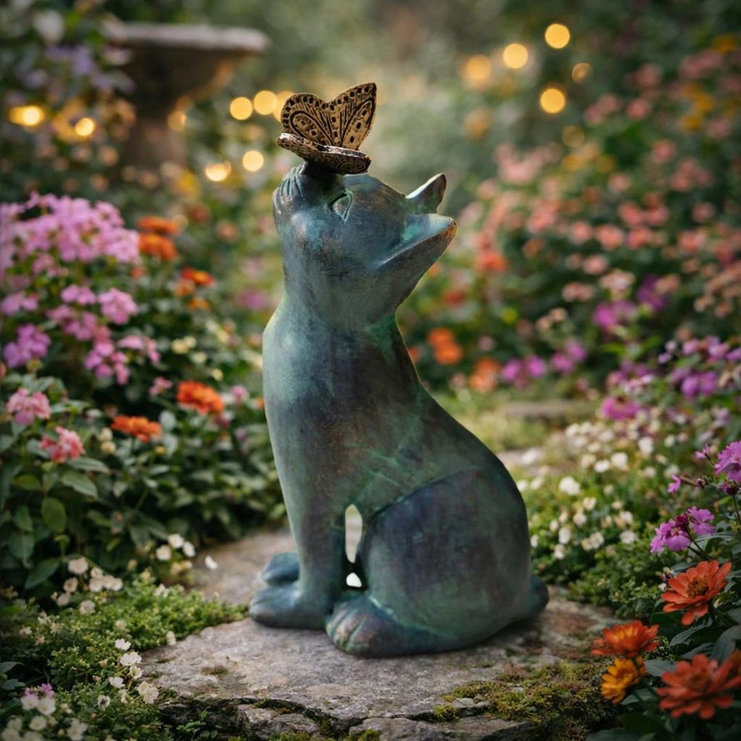 Cat & Butterfly Garden Statue, Resin Outdoor Cat Decor, Cute Garden ...