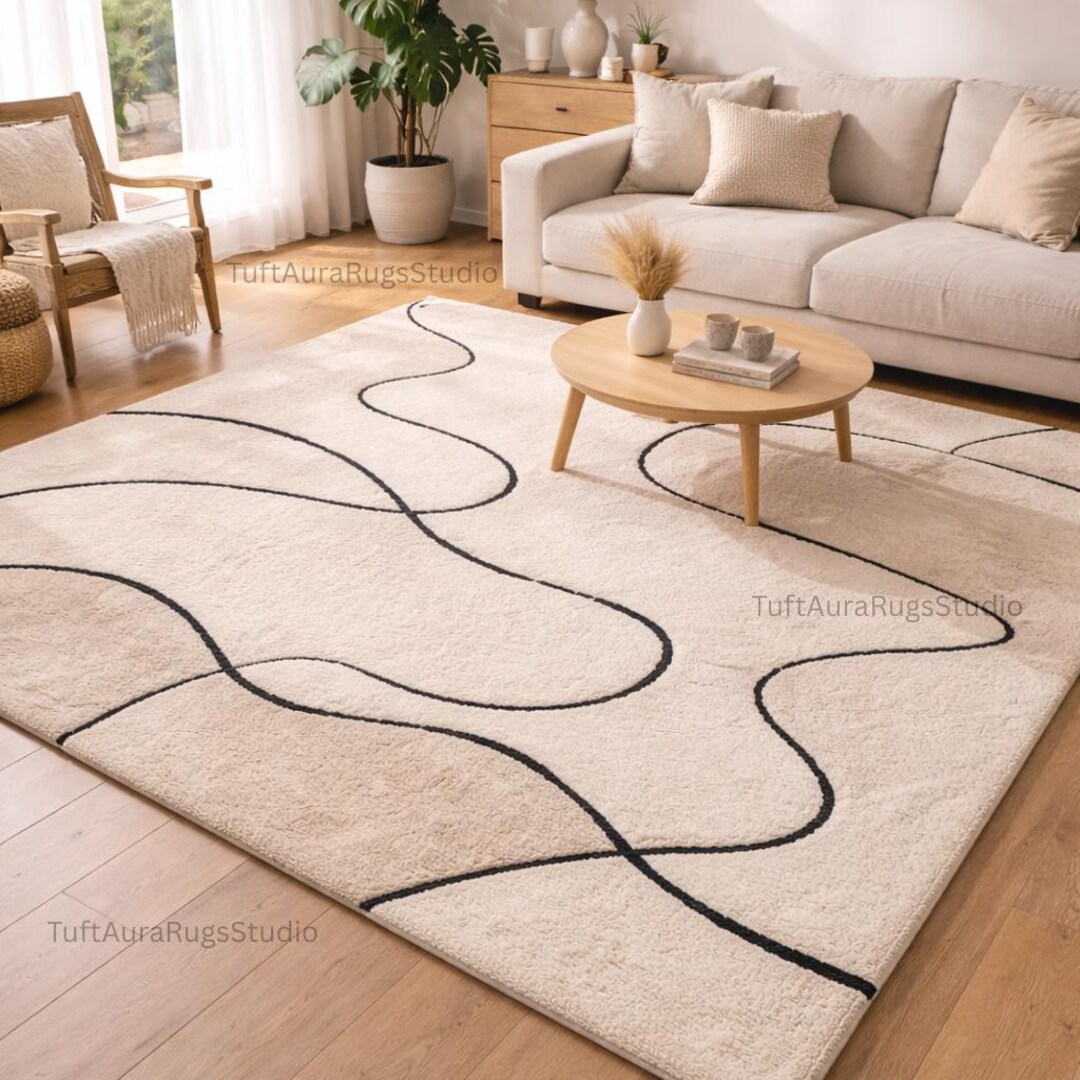 Modern Abstract Line Area Rug – Minimalist Neutral Carpet for Living ...