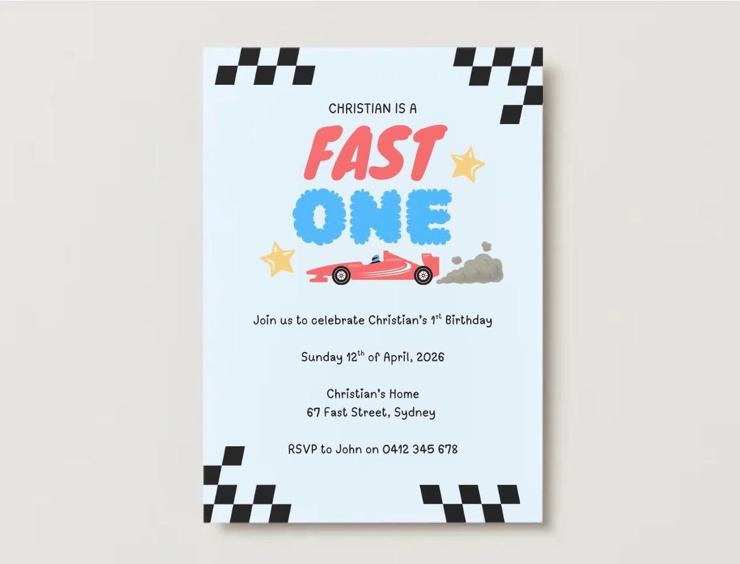 Fast One Race Car First Birthday Invitation | Digital & Printable 5x7 ...
