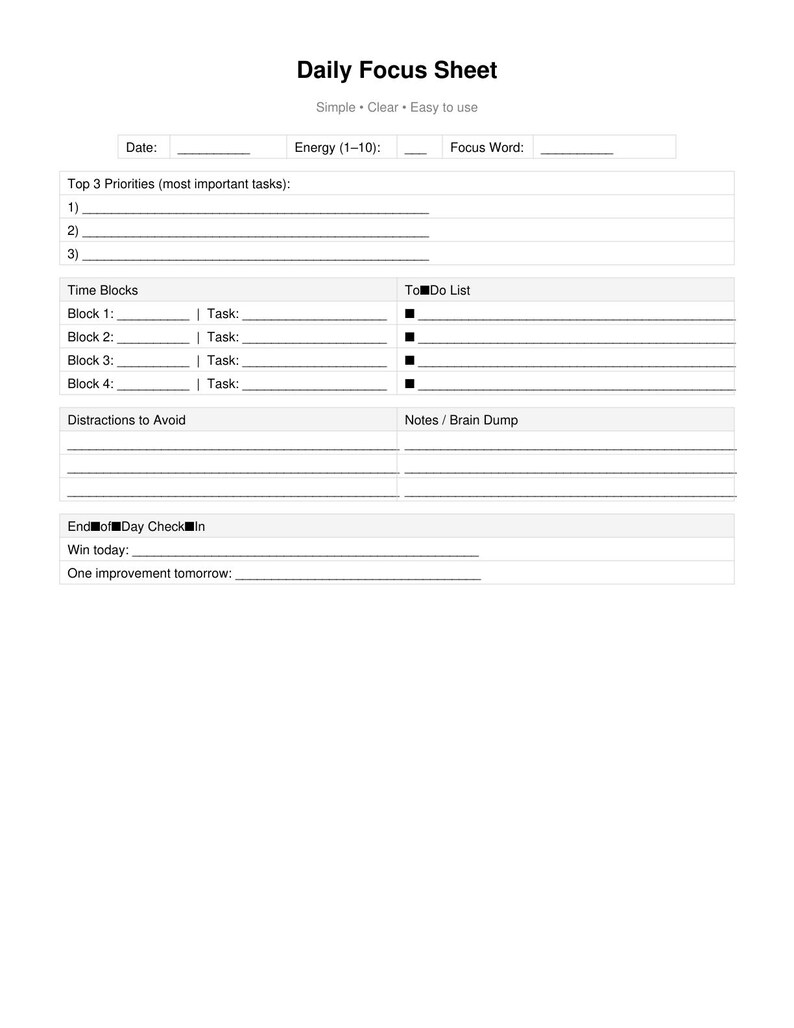Daily Focus Sheet - Etsy