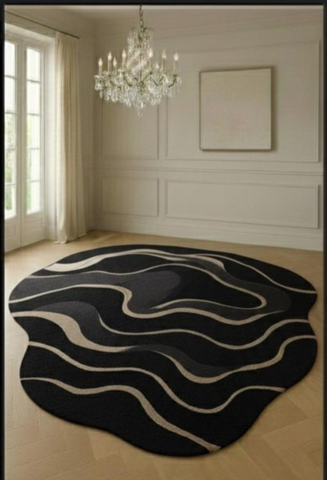 Modern Black Abstract Area Rug With Flowing Beige Waves, Organic Shape ...