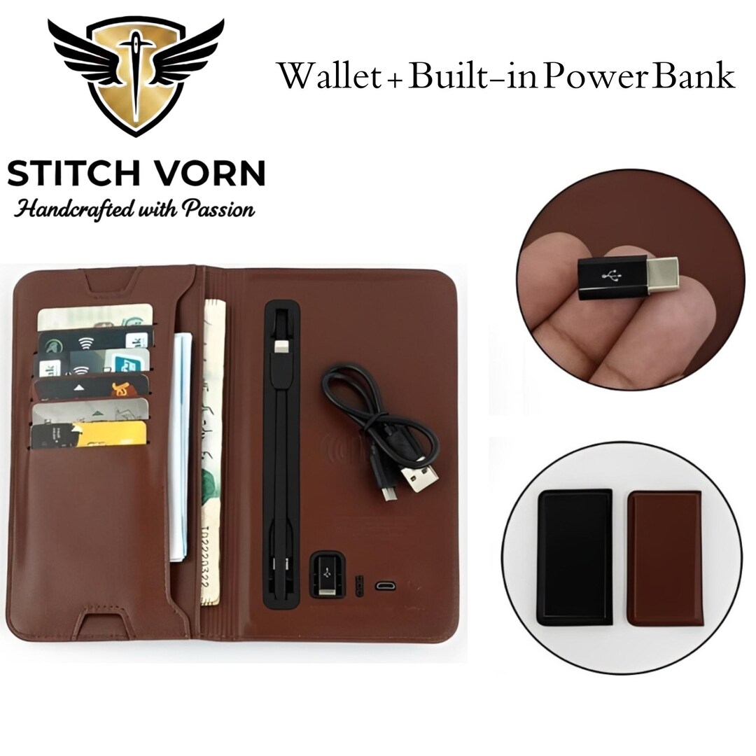 Personalized Leather Power Bank Wallet | Wireless Charging Travel ...