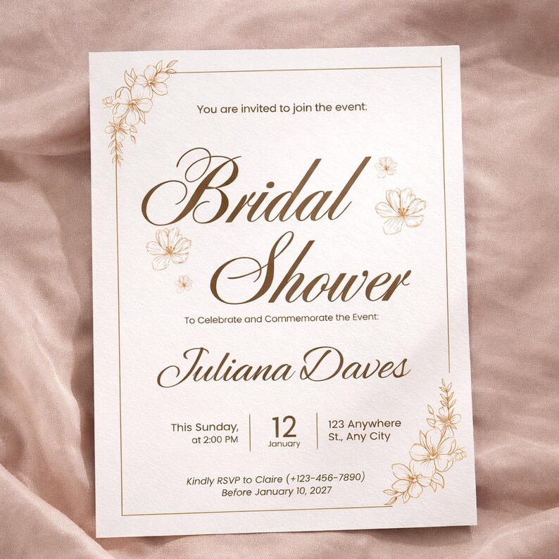 Gold Elegant Bridal Shower Invitation Template, Canva Editable Template ...