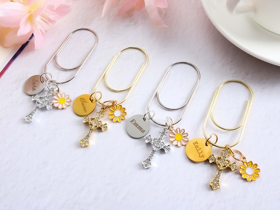 Personalized Engraved Mini Paper Clip With Metal Cross and Daisy Charm ...
