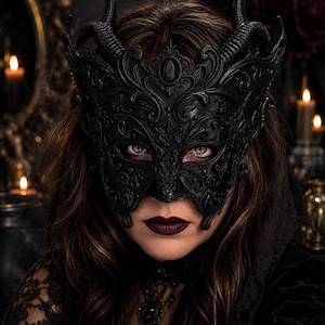 Gothic Witch Horned Mask, Black Masquerade Mask, Fantasy Cosplay Mask ...
