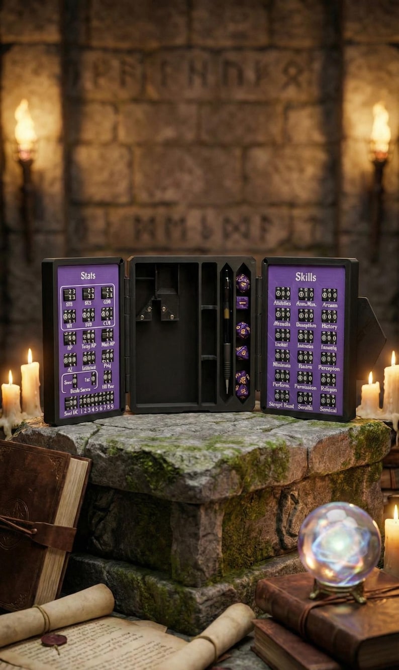 Handcrafted RPG Dice Vault | Stat Tracker, Folding Tower - Etsy