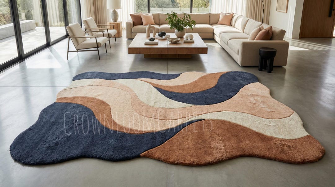 Beige Brown Abstract Hand Tufted Rug, Modern Wavy Wool Carpet - Etsy
